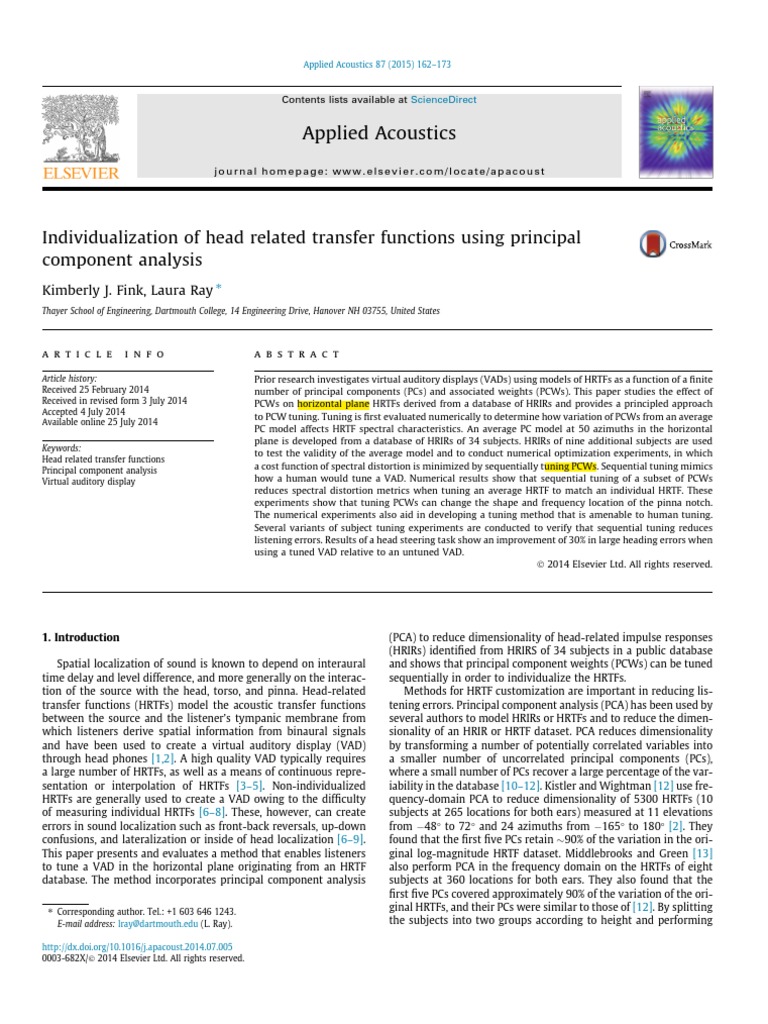 Individualization of Head Related Transfer Functions Using Principal Component Analysis ...