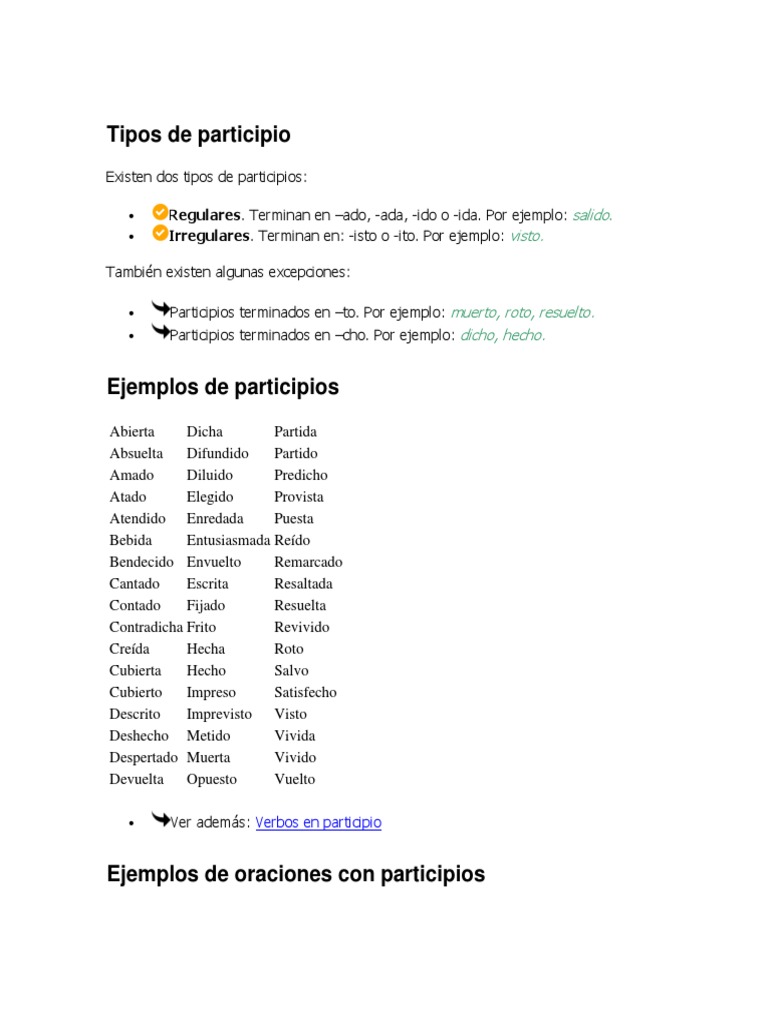 TIPOS DE PARTICIPIO EJEMPLOS
