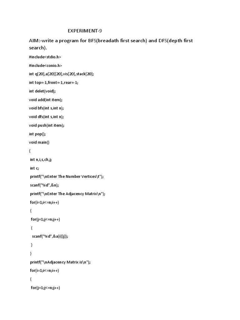Experiment-9 AIM:-write A Program For BFS (Breadath First Search) and ...