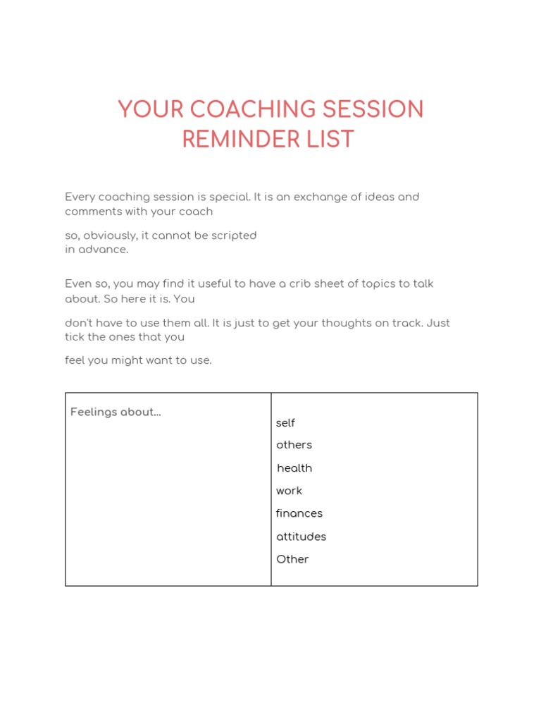 Your Coaching Session Reminder List: Feelings About.. | PDF
