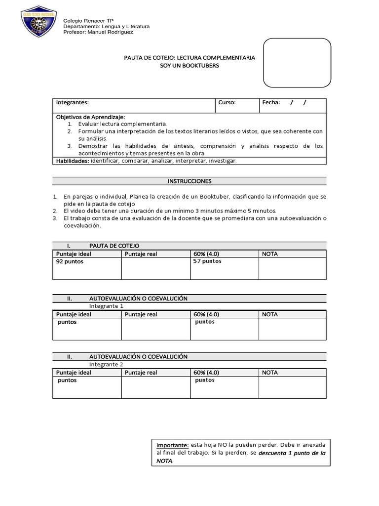 Pauta de Cotejo Booktubers | PDF | Novelas | Autor