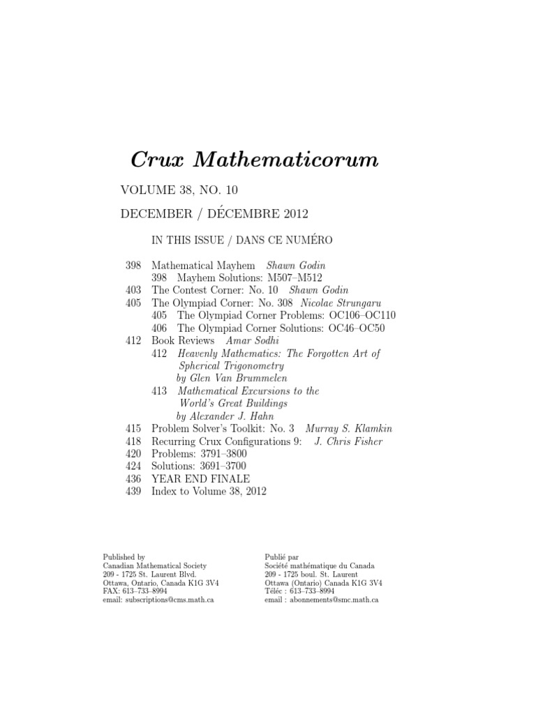 Crux Mathematicorum: VOLUME 38, NO. 10 December / D ECEMBRE 2012 | PDF | Sphere | Sine