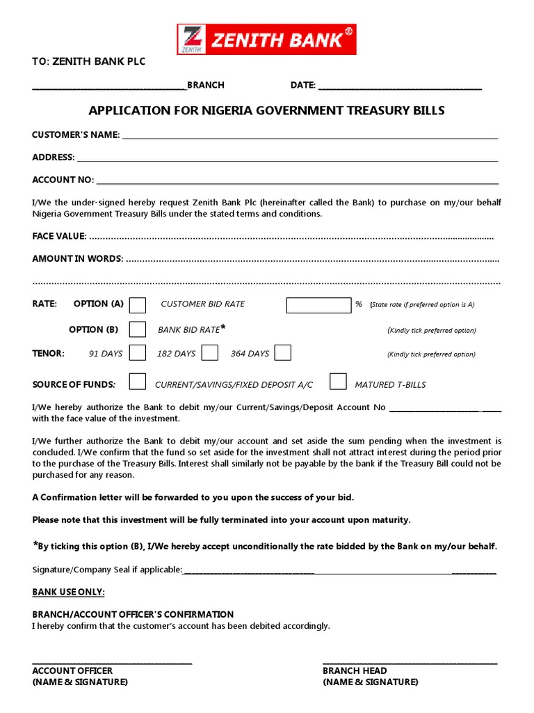 Application For Nigeria Government Treasury Bills: To: Zenith Bank PLC ...