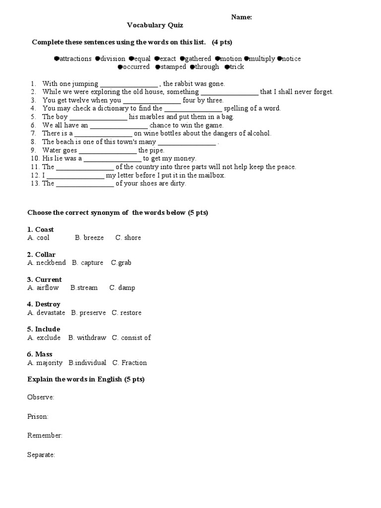 Vocabulary Quiz: Completing Sentences and Choosing Synonyms | PDF