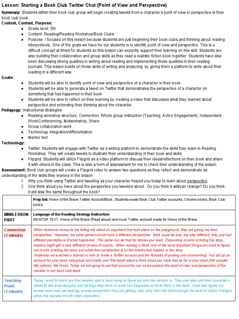 Book Club Twitter Chat Lesson Plan | PDF | Narration | Human Communication