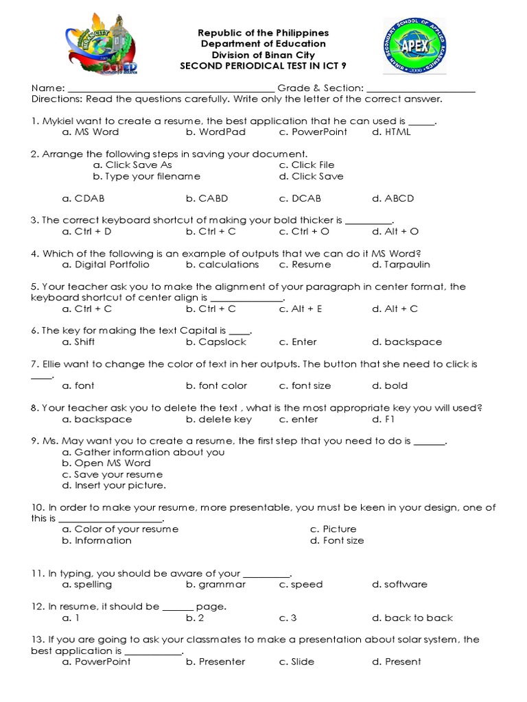 Second Periodical Test in ICT 9: An Assessment on Students' Knowledge ...