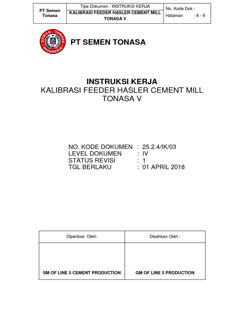 Instruksi Kerja Kalibrasi Feeder-Hasler | PDF