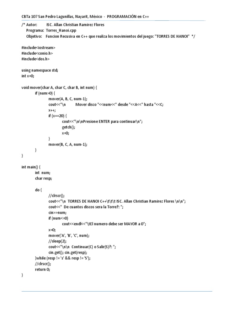 Programación C++ Torres de Hanoi | PDF