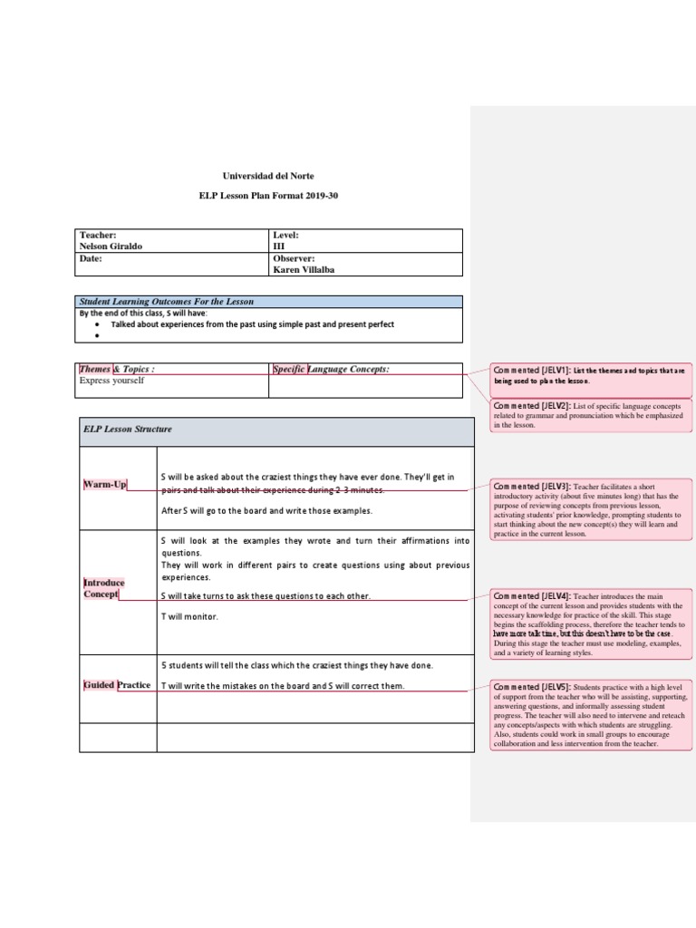 Universidad Del Norte ELP Lesson Plan Format 2019-30: Student Learning ...
