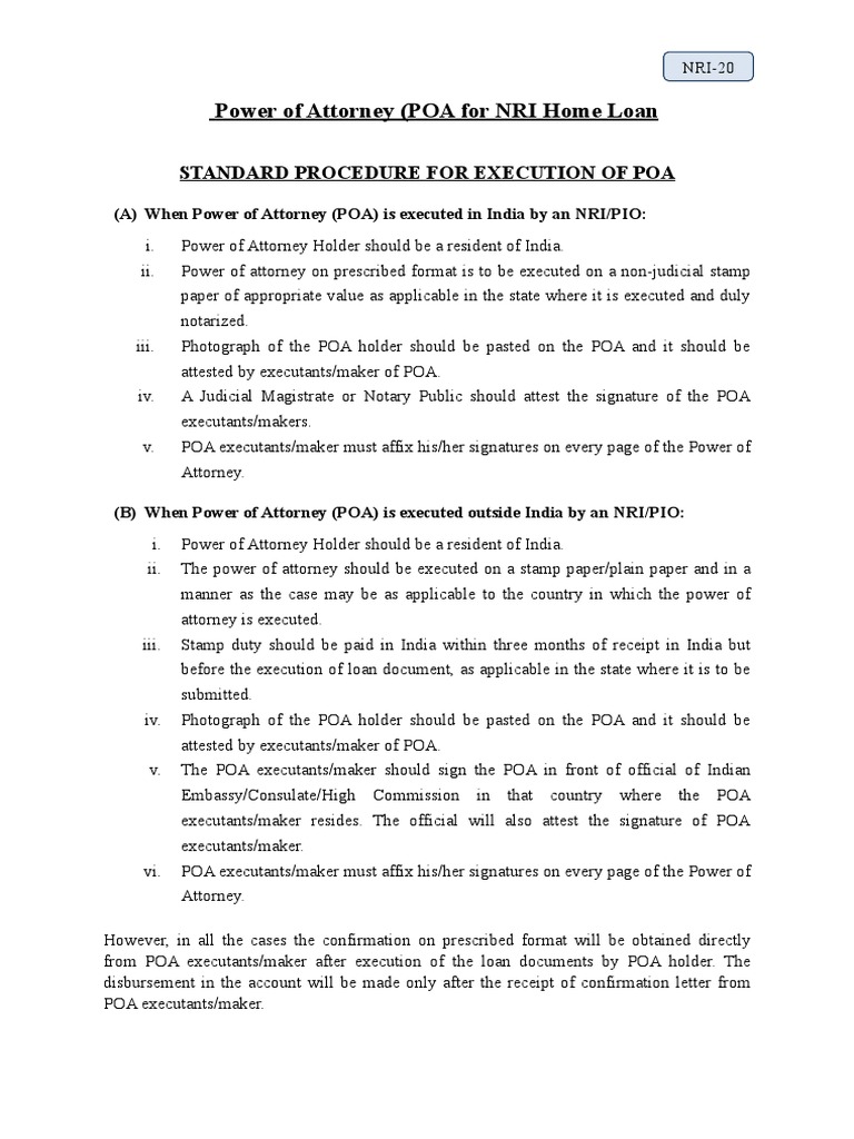 Power of Attorney (POA For NRI Home Loan | PDF | Power Of Attorney ...