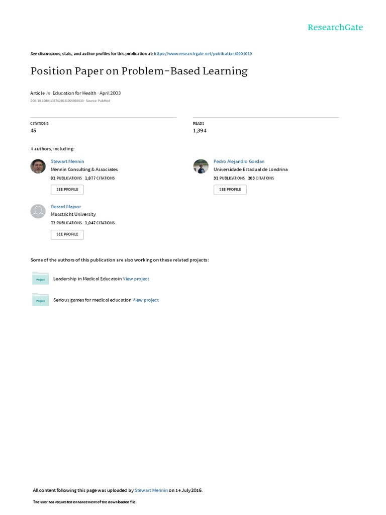 Position Paper on Problem-Based Learning: An Overview of the Concept ...