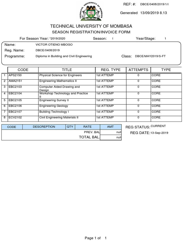 Technical University of Mombasa: Season Registration/Invoice Form | PDF