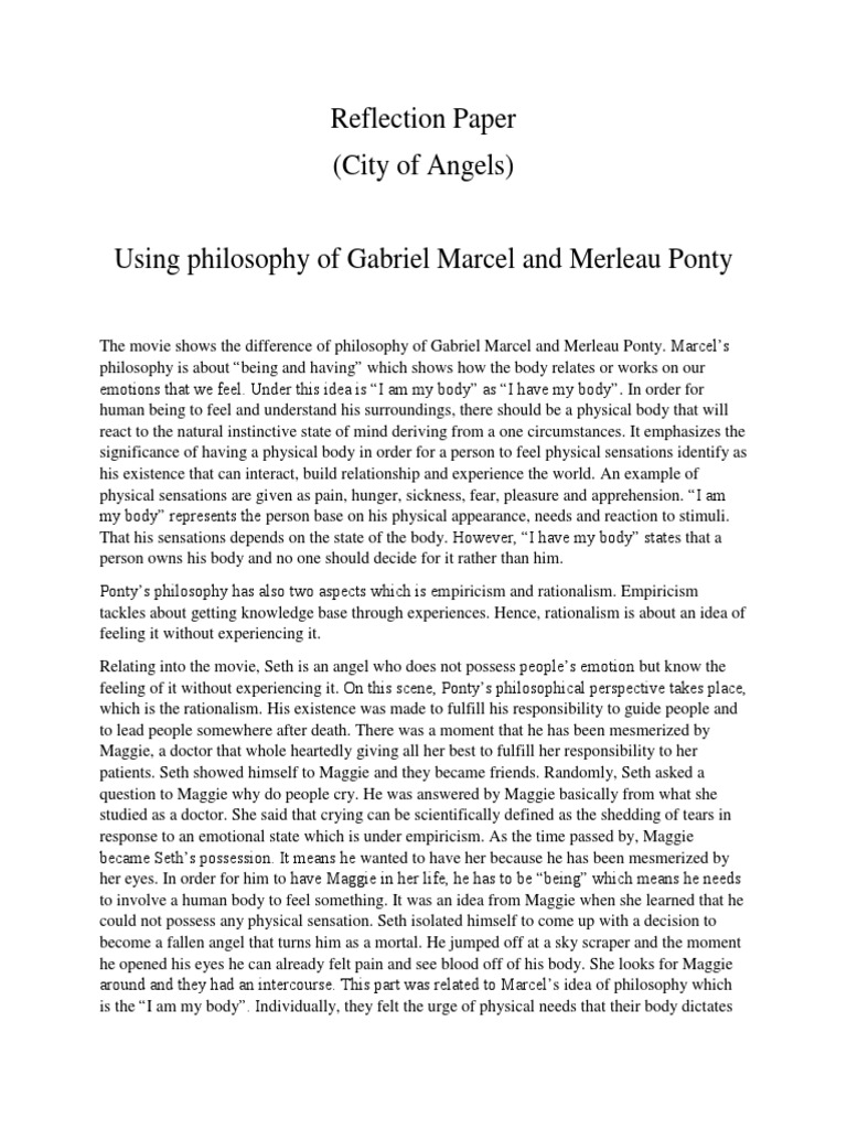 Reflection Paper (City of Angels) Using Philosophy of Gabriel Marcel ...