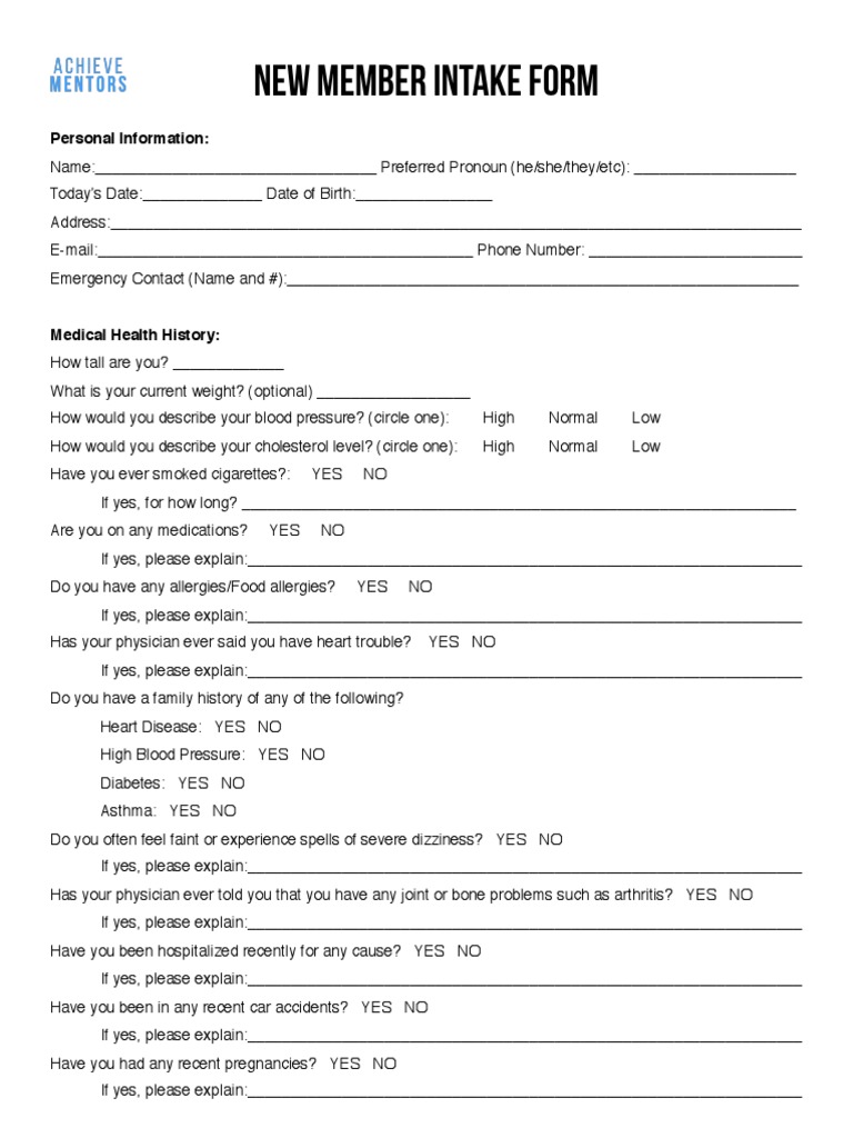 New Member Intake Form: Personal Information | PDF | Stress (Biology ...