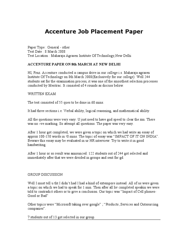 Accenture Job Placement Paper: Accenture Paper On 8Th March at New ...