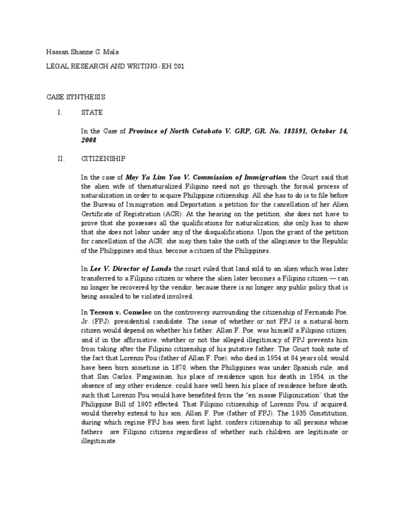 Case Synthesis For Legal Research Consti | PDF | Naturalization ...