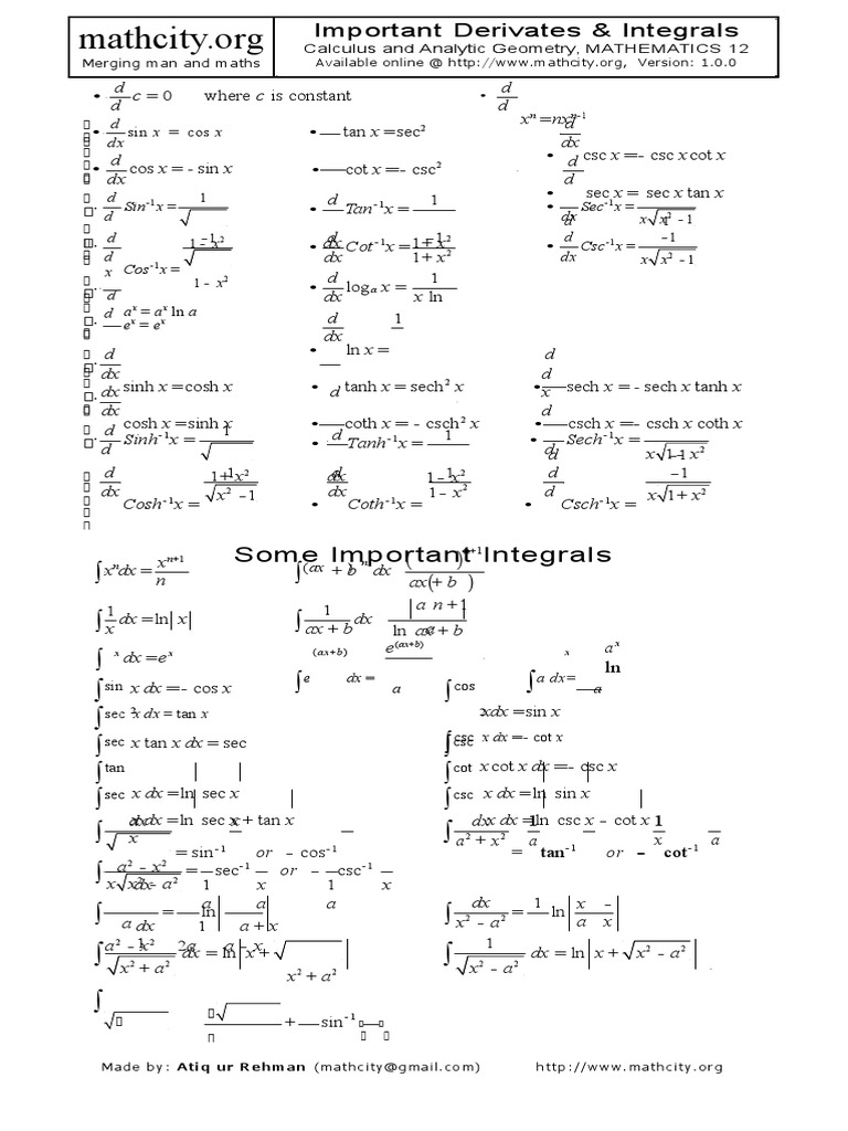 Important Derivatives and Integrals | PDF | Real Analysis | Elementary ...