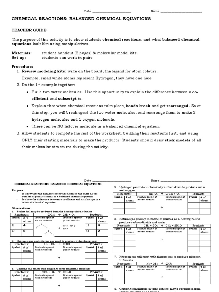 Chemical Reactions Balancing Equations Activity | PDF | Chemical ...