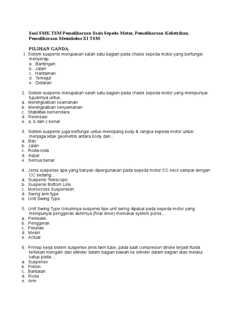 Soal SMK TSM Pemeliharaan Sasis Sepeda Motor, Listrik, Mesin Xi TSM | PDF