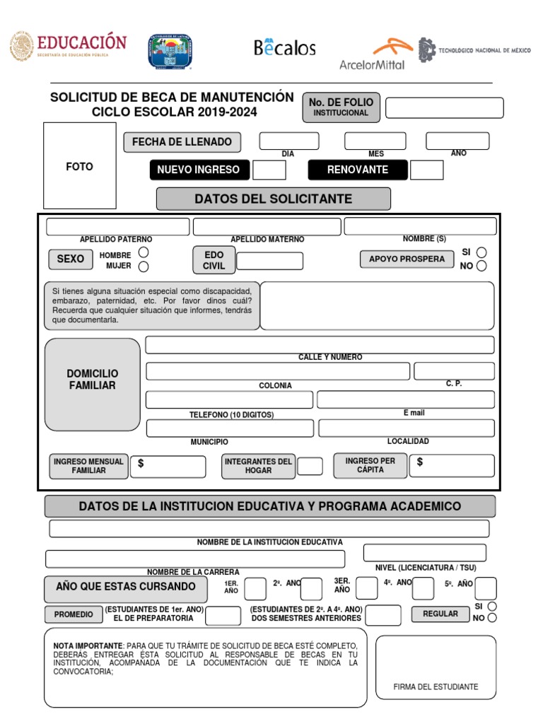 Solicitud De Beca De Manutención CICLO ESCOLAR 2019-2024