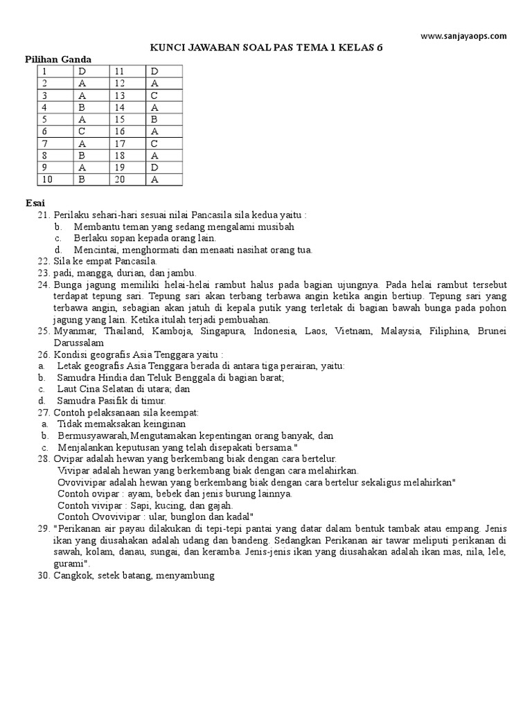 Kunci Jawaban Soal PAS Kelas 6 Tema 1 | PDF