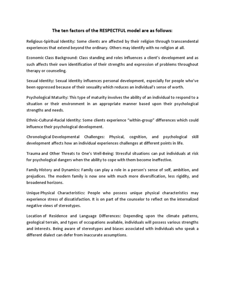 The Ten Factors of The RESPECTFUL Model Are As Follows | PDF