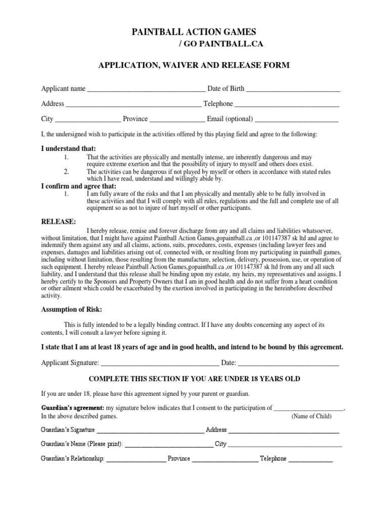 Paintball Waiver and Release Form | PDF | Civil Law (Legal System) | Virtue