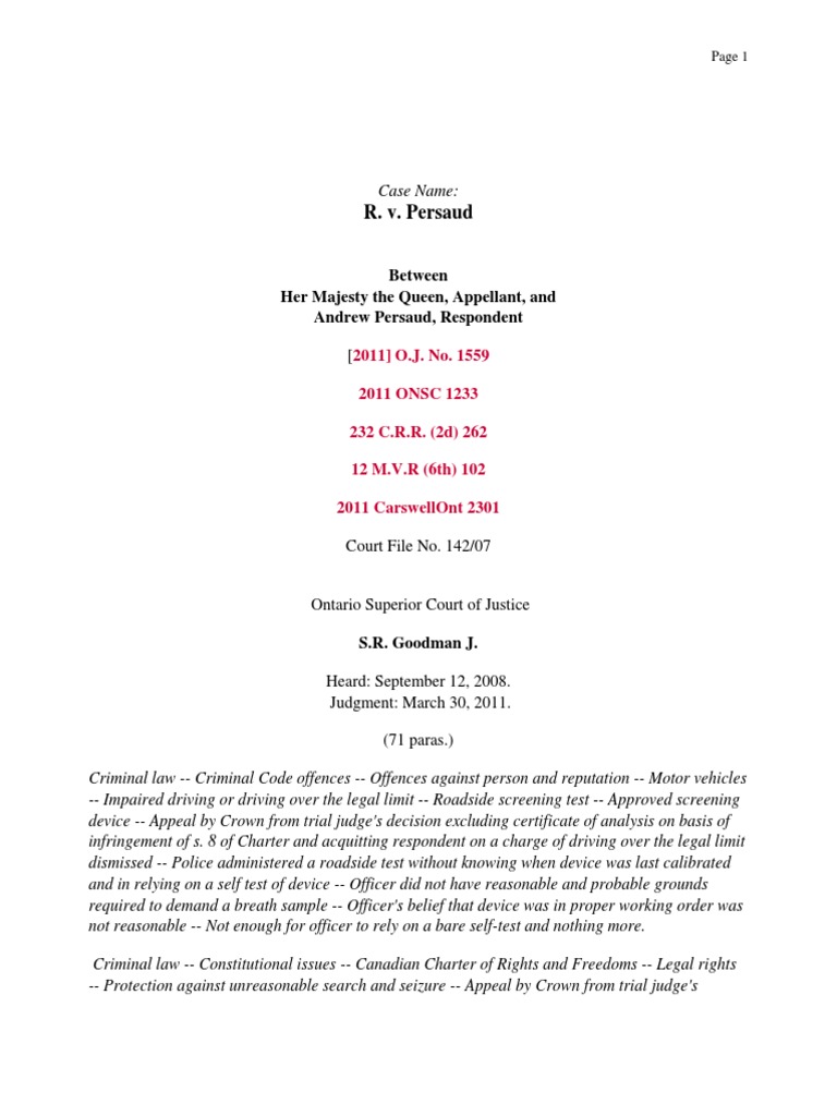 R. v. Persaud: Between Her Majesty The Queen, Appellant, and Andrew ...