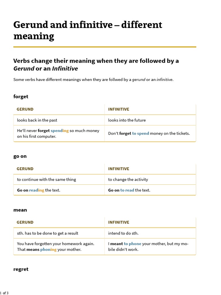 Gerund and Infinitive After Verbs - Different Meaning | PDF ...