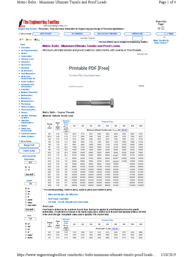 Metric Bolts - Minimum Ultimate Tensile & Proof Loads | PDF | Screw ...