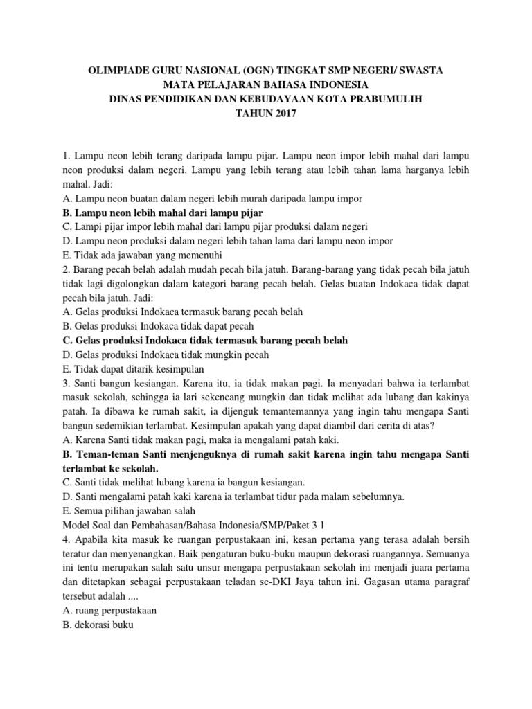 Draft Soal Ogn Bahasa Indonesia SMP Ok | PDF