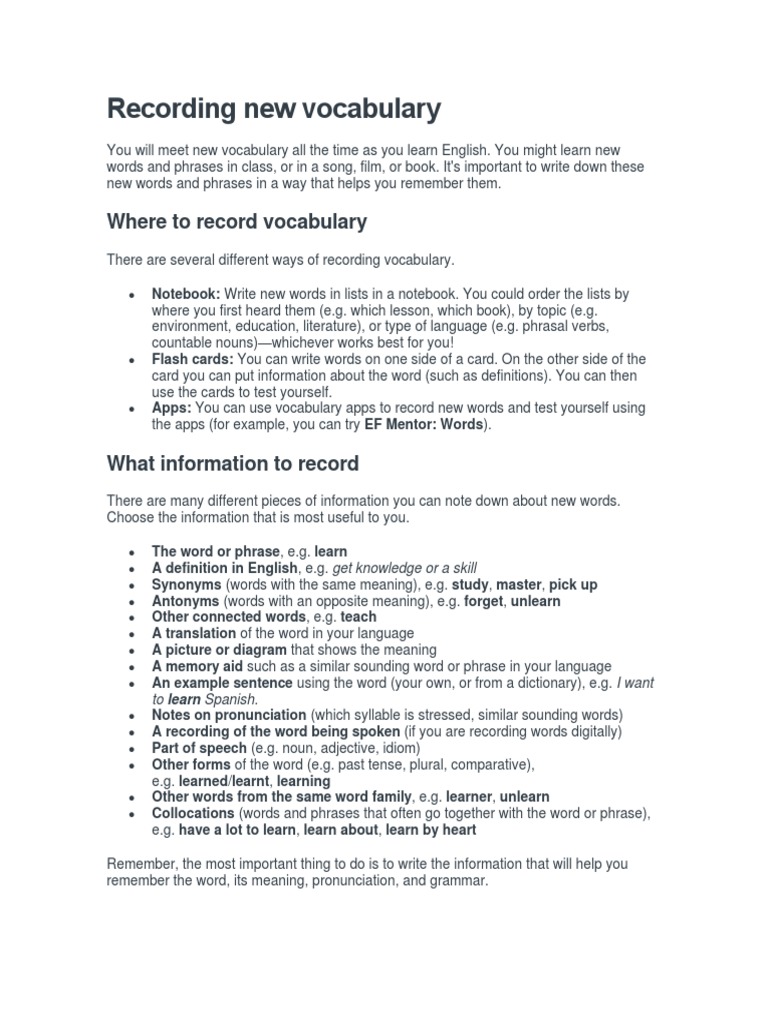 Recording New Vocabulary: Where To Record Vocabulary | PDF