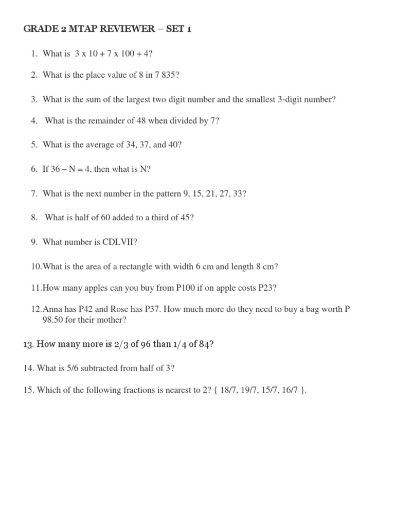 Grade 2 Mtap Reviewer | PDF | Subtraction | Elementary Mathematics