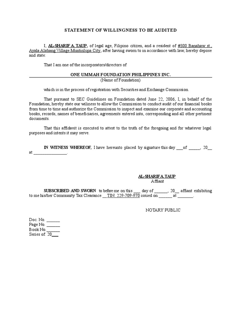 Statement Willingness To Be Audited | PDF