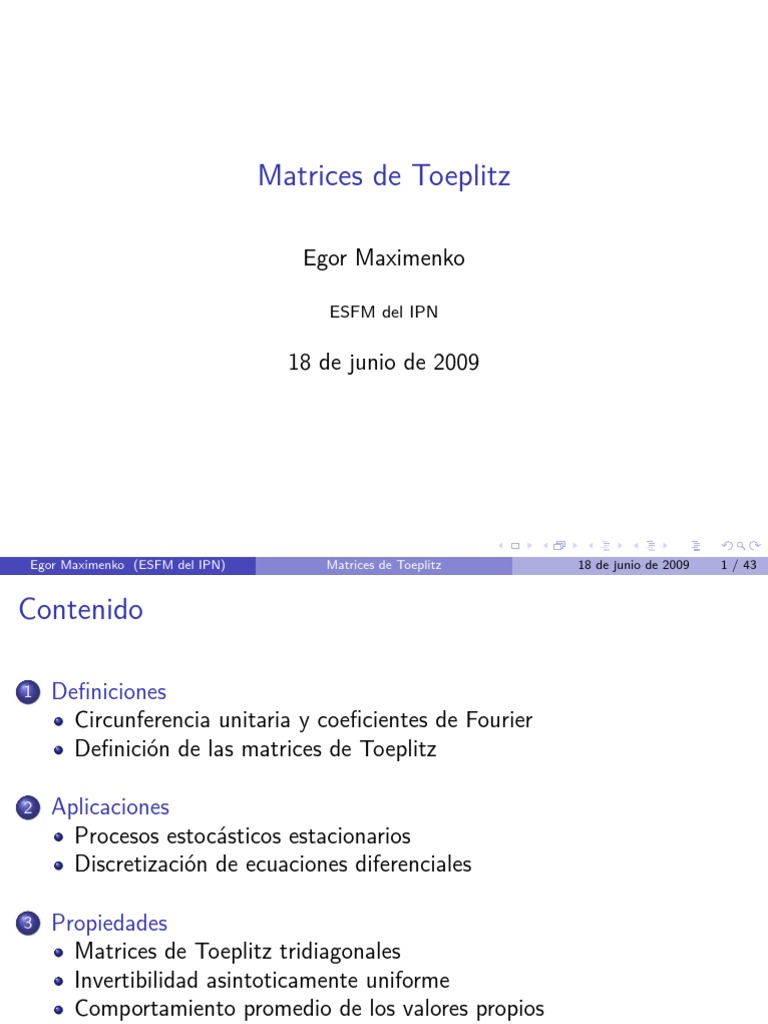 Matrices de Toeplitz y sus Aplicaciones | PDF | Matriz (Matemáticas ...