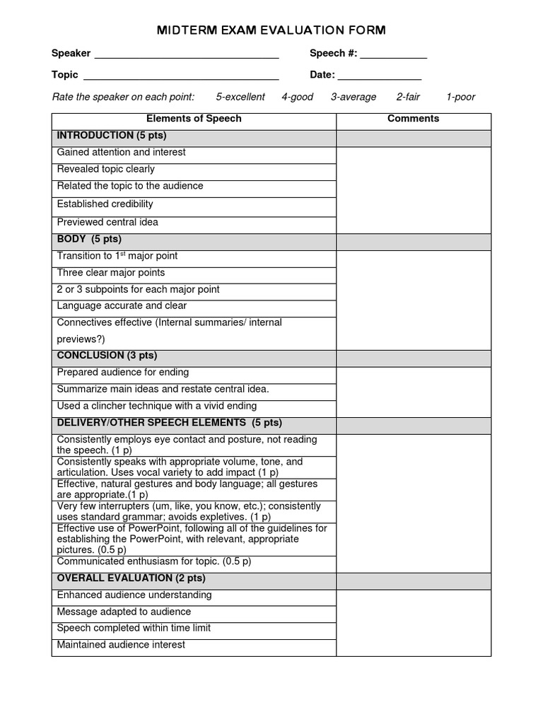 Speech Evaluation Form Midterm | PDF