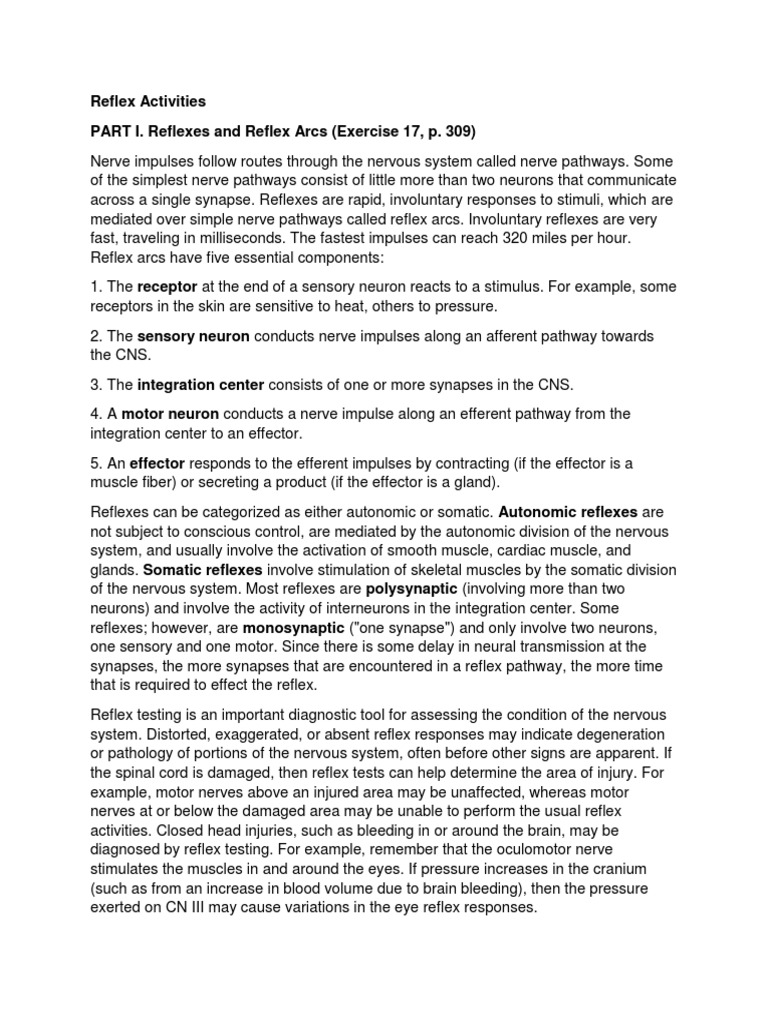 Reflex Activities PART I. Reflexes and Reflex Arcs (Exercise 17, P. 309 ...