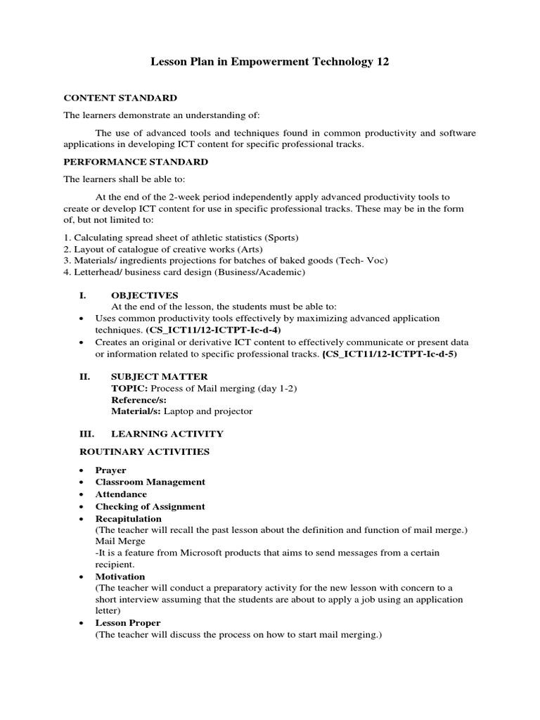 Empowerment Tech 12: Mail Merge Lesson | PDF | Educational Technology ...