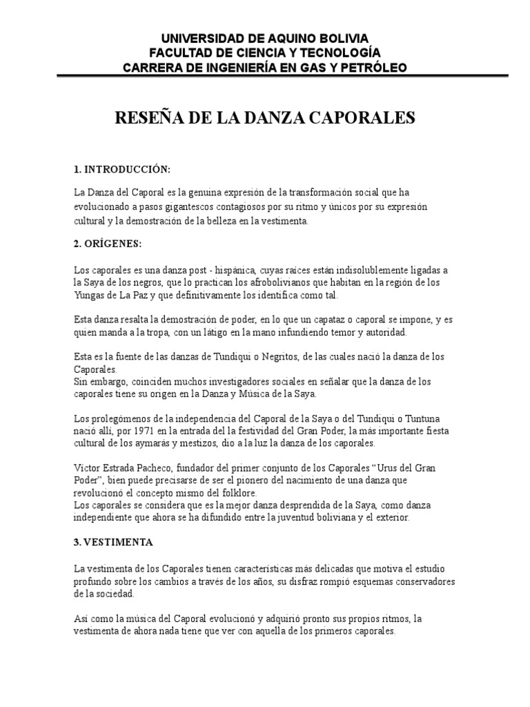 Reseña De La Danza Caporales Pdf Ropa