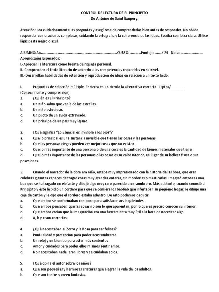 Control de Lectura Del Principito | PDF | El Principito
