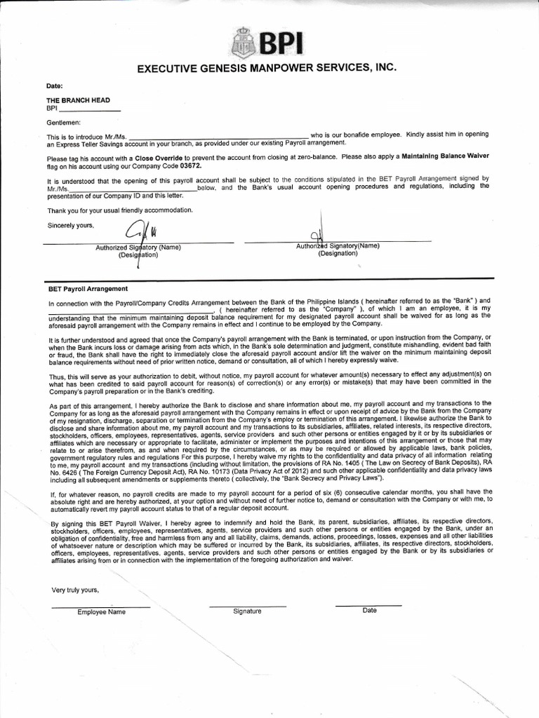 Bpi Endoresment Letter | PDF | Deposit Account | Payroll