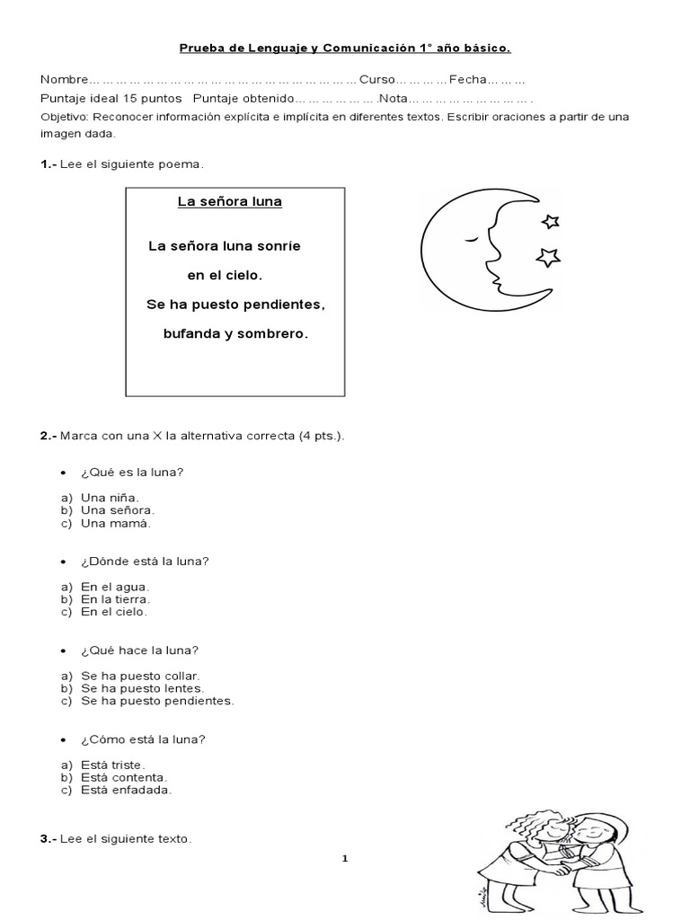Prueba De Lenguaje 1 Básico Comprensión Pdf
