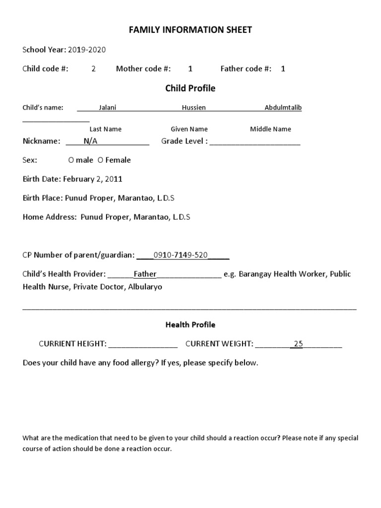 Family Information Sheet 1 | PDF | Allergy | Health Care