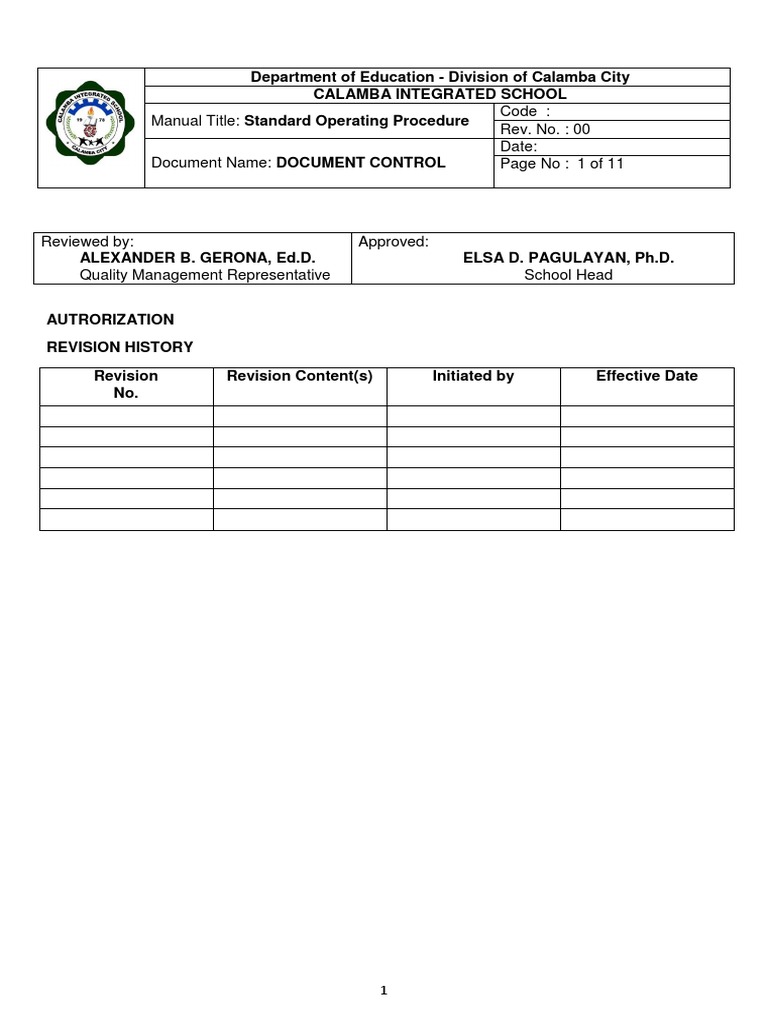 Manual Title: Standard Operating Procedure Code: Rev. No.: 00 Document ...