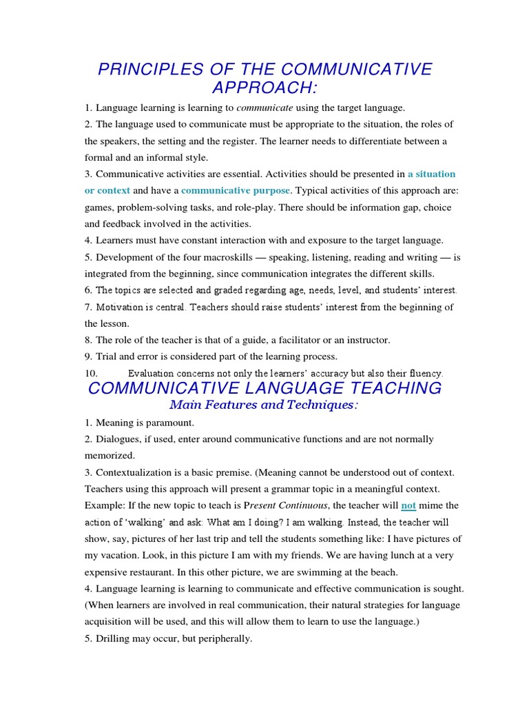 Principles of The Communicative Approach | PDF | Second Language | Teachers