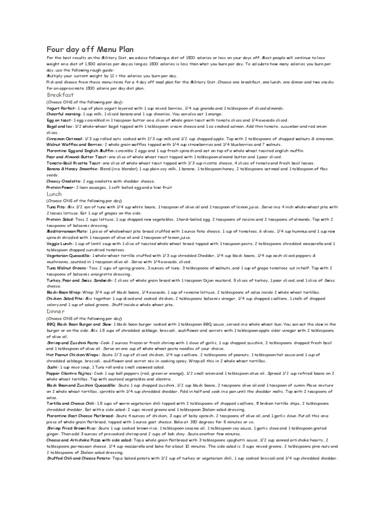 Four Day Off Menu Plan | PDF | Coleslaw | Salad