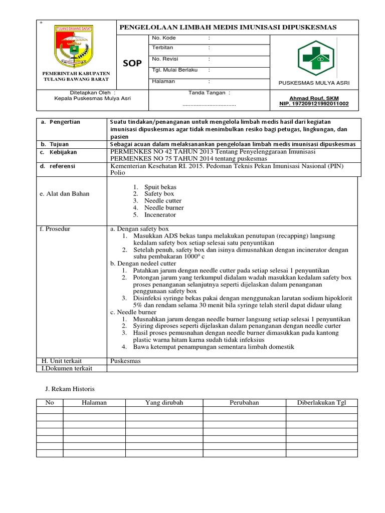 Sop Pengelolaan Limbah Medis Imunisasi | PDF