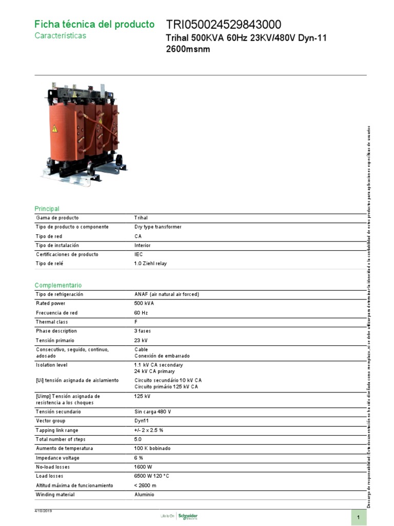 Ficha técnica de un transformador seco trifásico de 500 kVA, 60 Hz, 23 kV/480 V | PDF ...