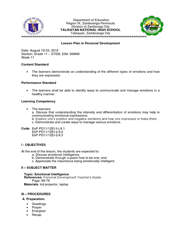 Lesson Plan On Emotional Intelligence | PDF | Emotional Intelligence ...