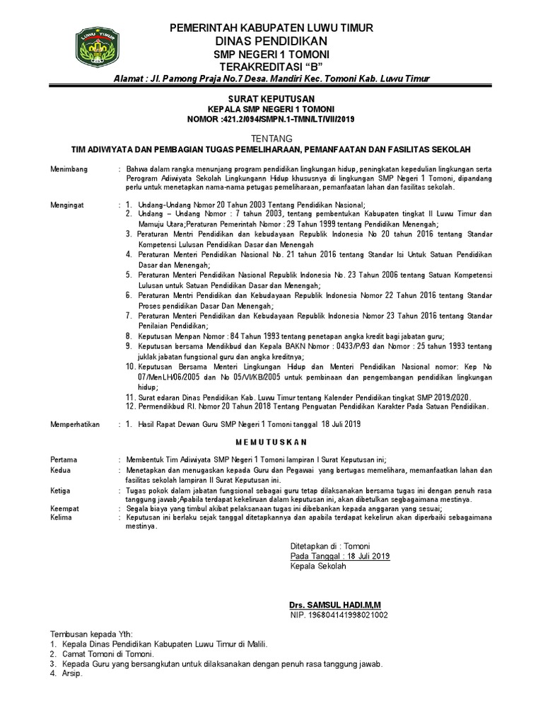 Contoh Sk. Tim Adiwiyata 20119-2020 | PDF